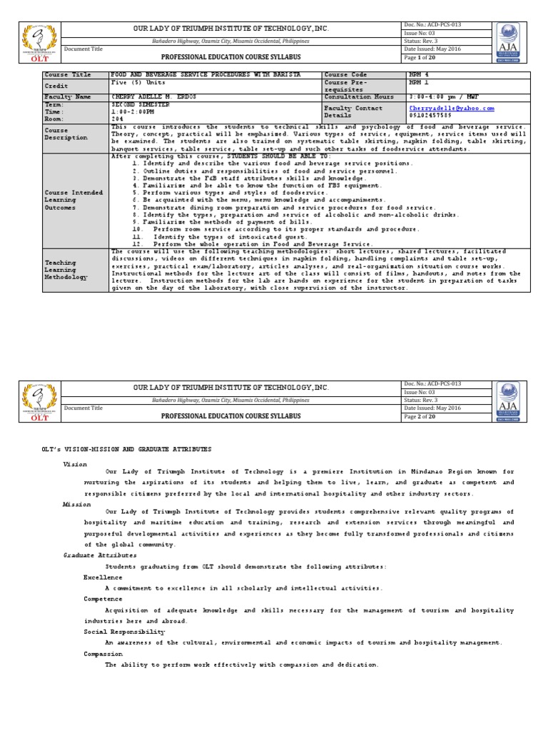 Syllabus - HRM 4 FBS | PDF | Foodservice | Lecture
