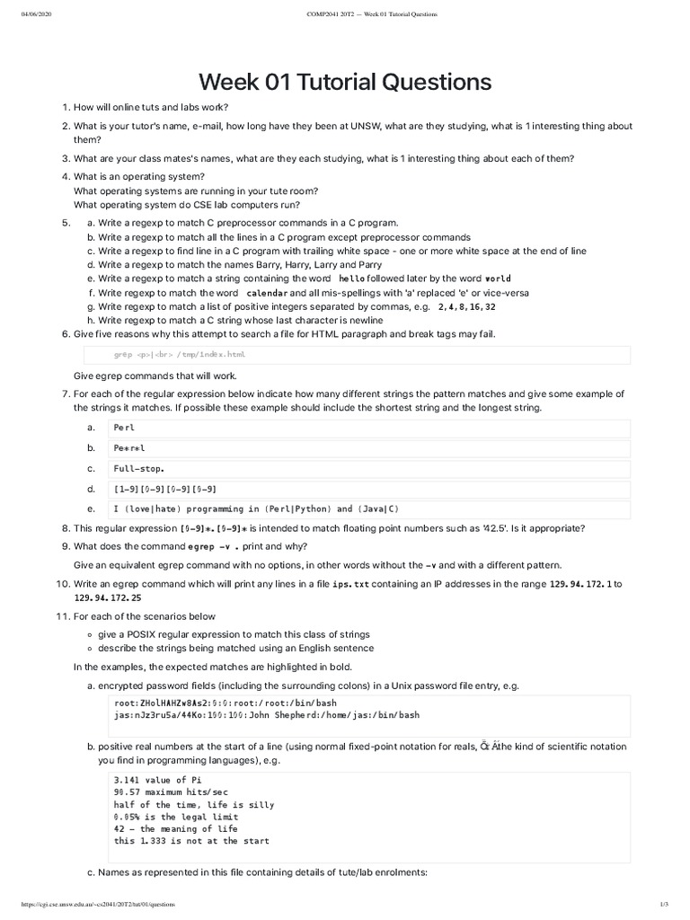 COMP2041 20T2 - Week 01 Tutorial Questions | PDF | Regular Expression | Computer Programming