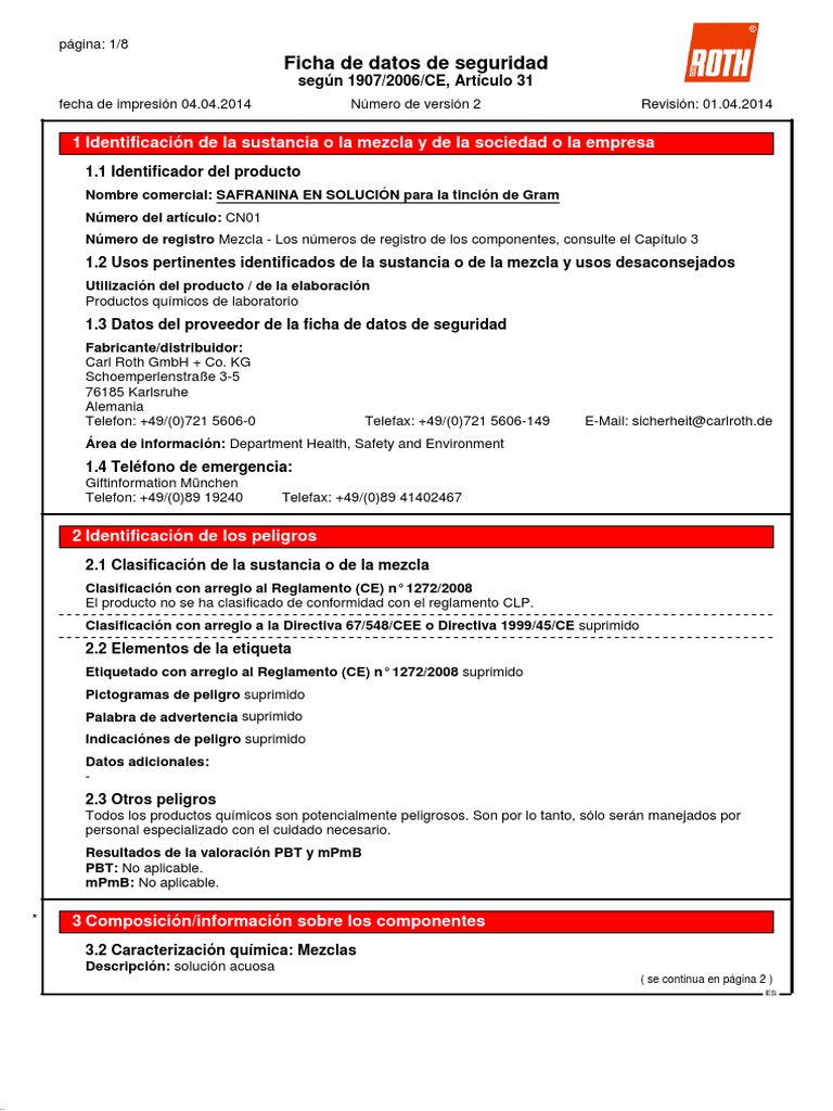 Safety Data Sheet for Safranin Solution: Hazards, Protective Equipment ...