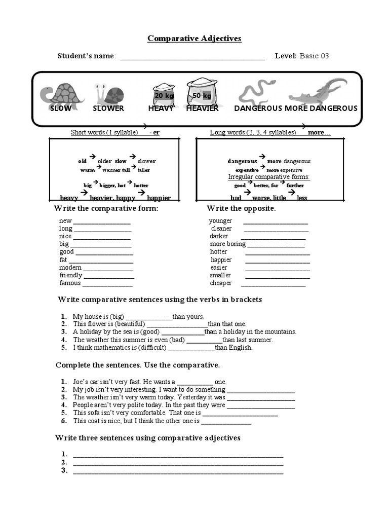 Comparative Adjectives: Slow Slower Heavy Heavier Dangerous More ...