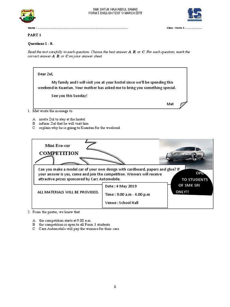 Form 3 English Test | PDF | Rainforest | Forests