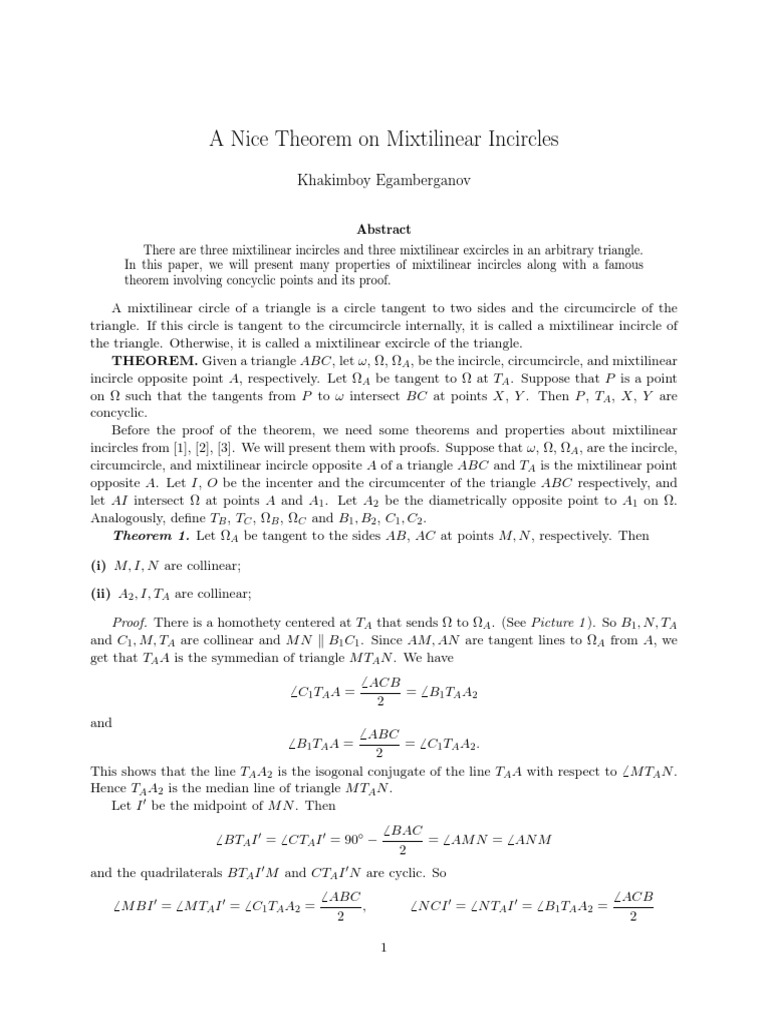 Mixtilinear Incircles Theorem | PDF | Triangle | Euclid