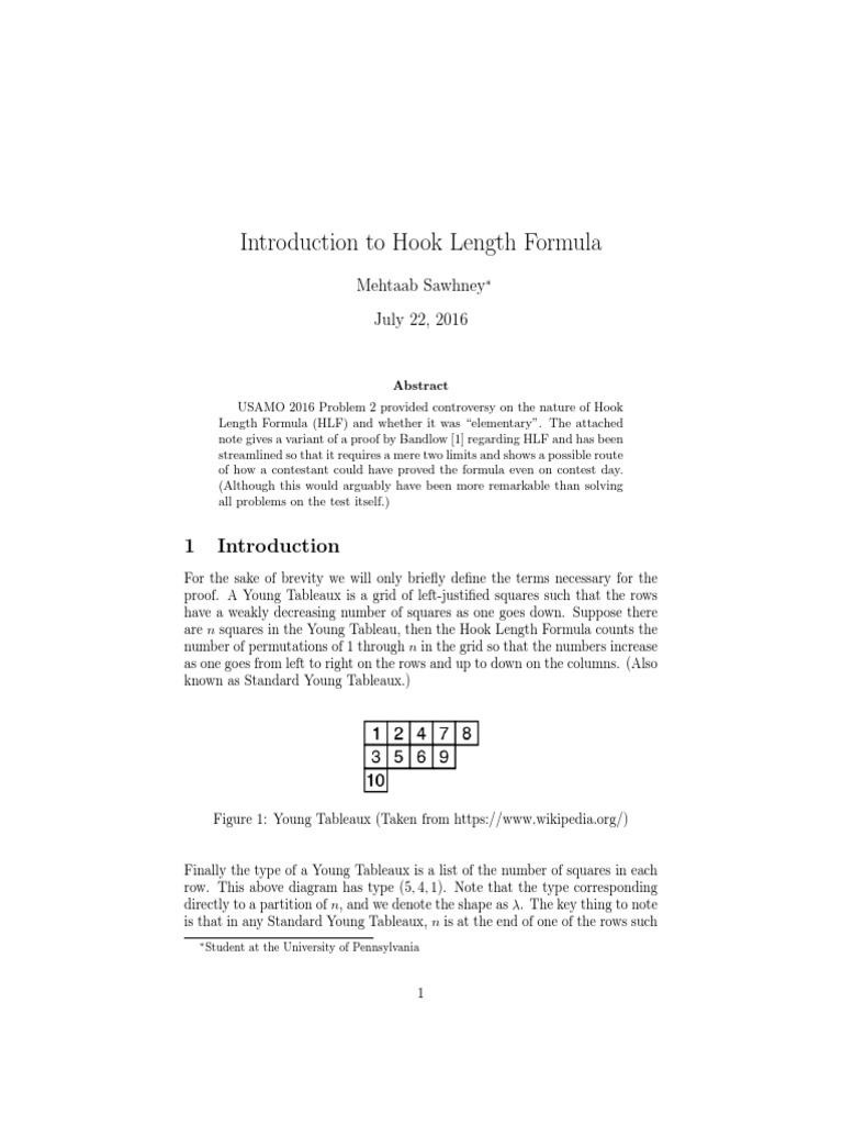 Introduction To Hook Length Formula PDF | PDF | Mathematical Concepts ...