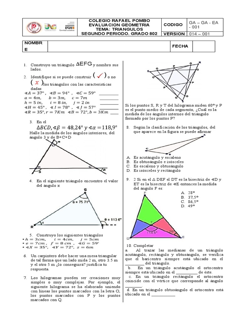 Evaluacion Triangulos Grado 8 | PDF | Triángulo | Geometría del plano euclidiano