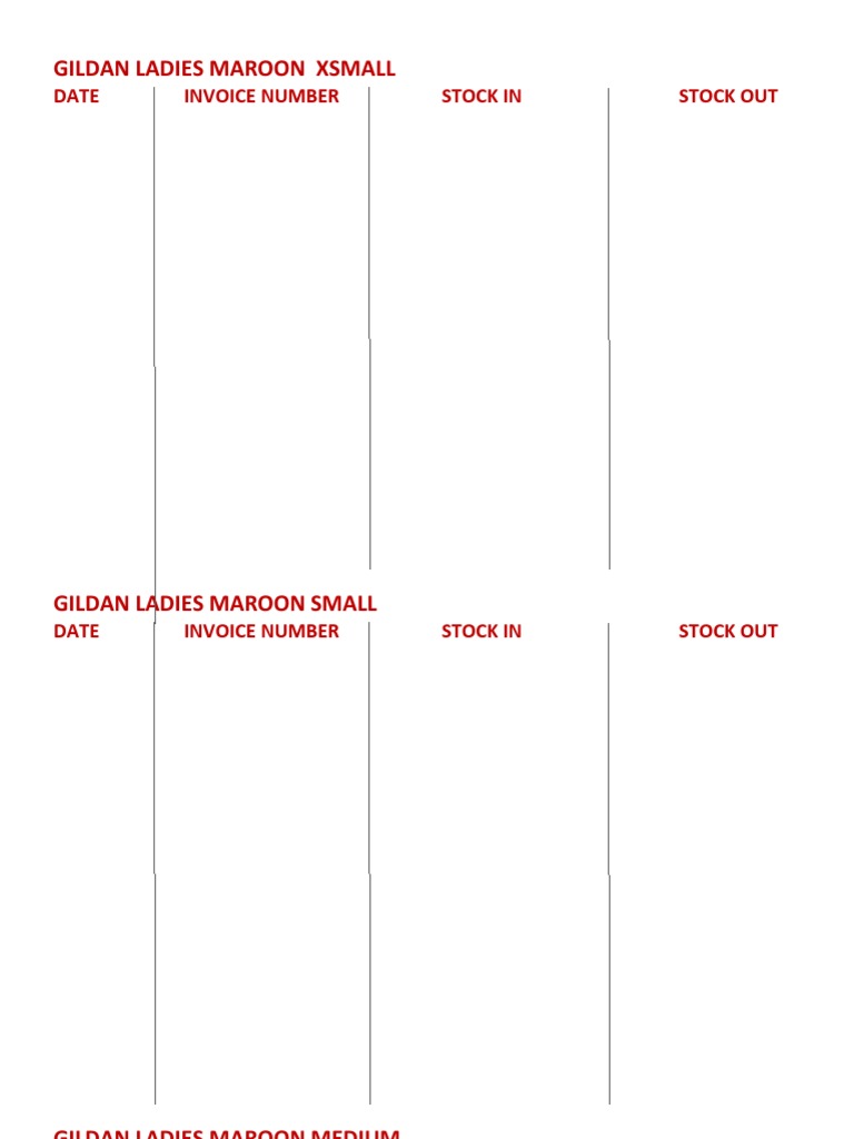 Gildan Ladies Maroon Xsmall: Date Invoice Number Stock in Stock Out | PDF