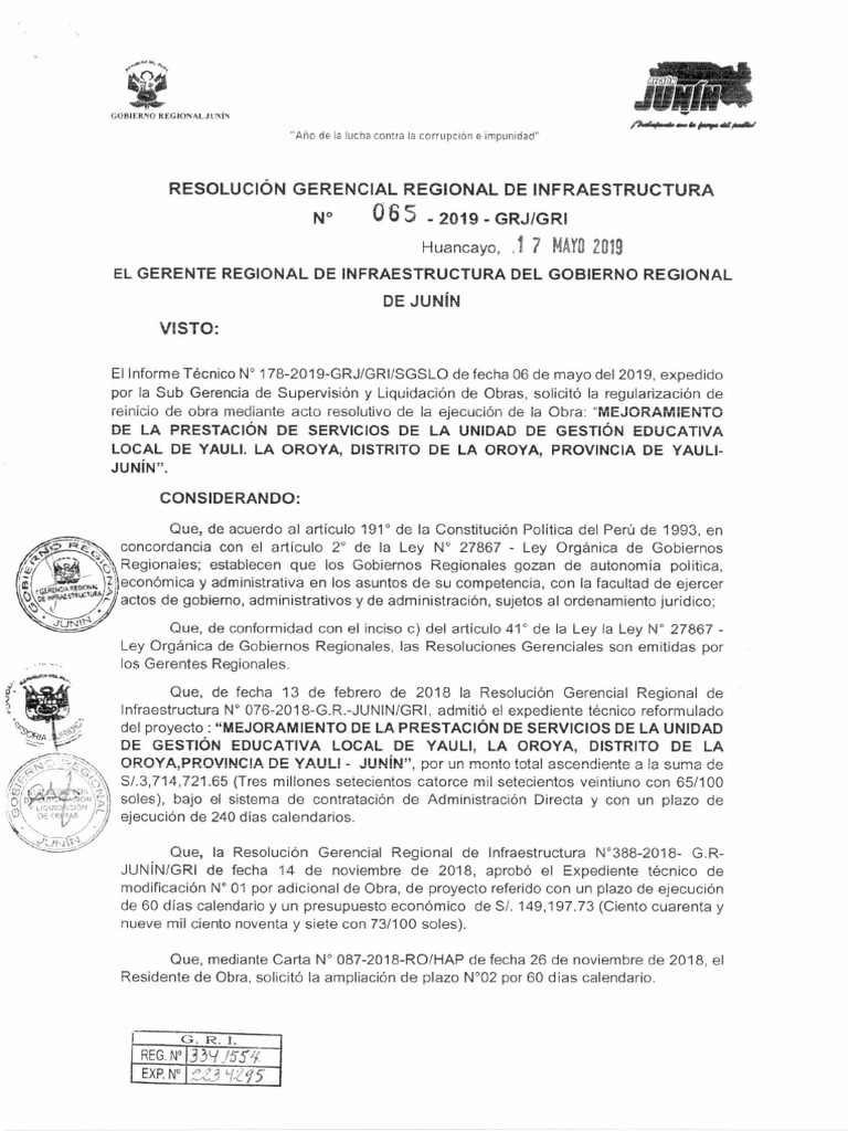 Resoluci N Gerencial Regional de Infraestructura N 065-2019-GR-JUNIN GRI | PDF | Esfera pública ...