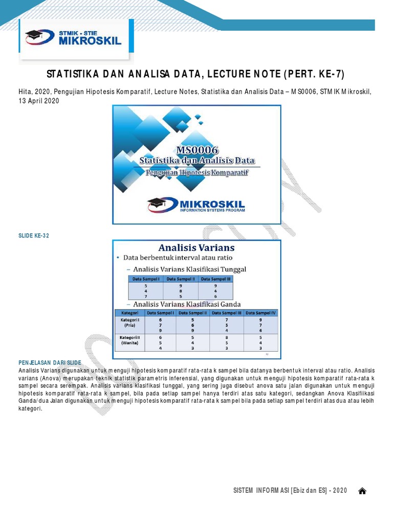 Statistika Dan Analisa Data, Lecture Note (Pert. Ke-7) | PDF