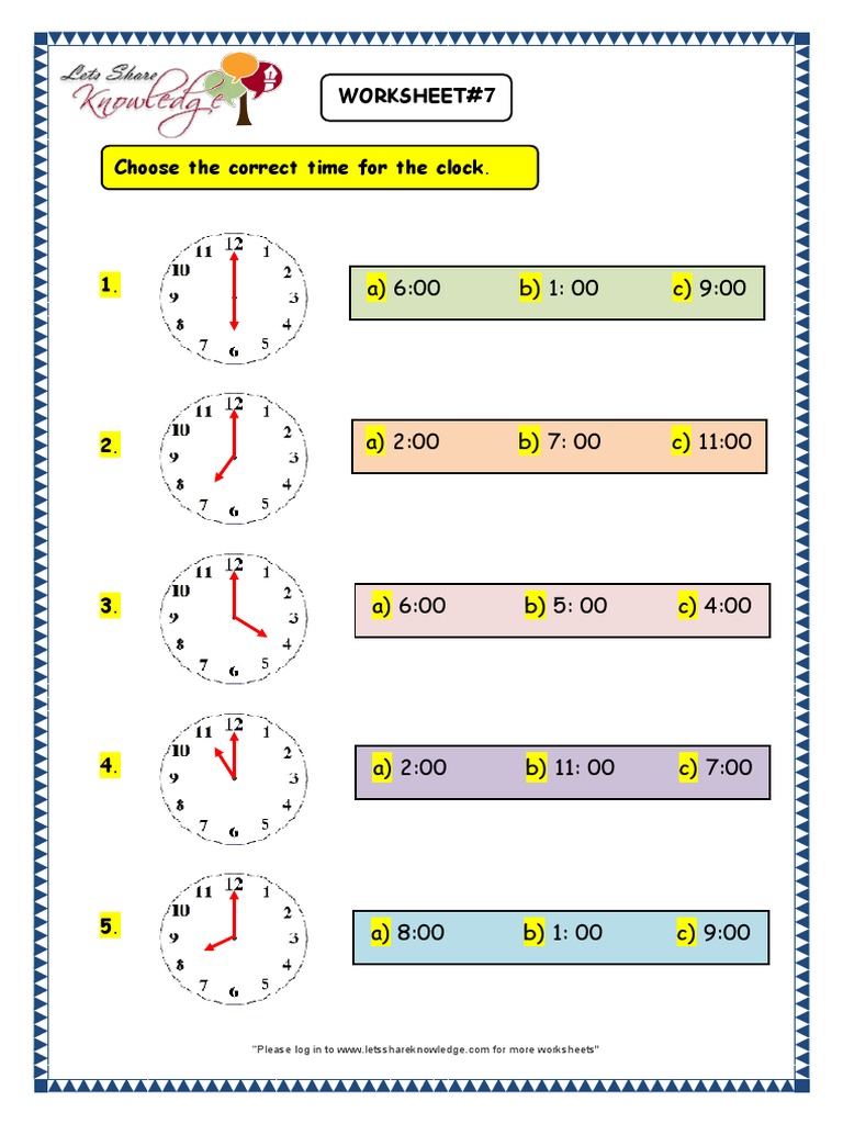 Worksheet#7 Choose The Correct Time For The Clock | PDF