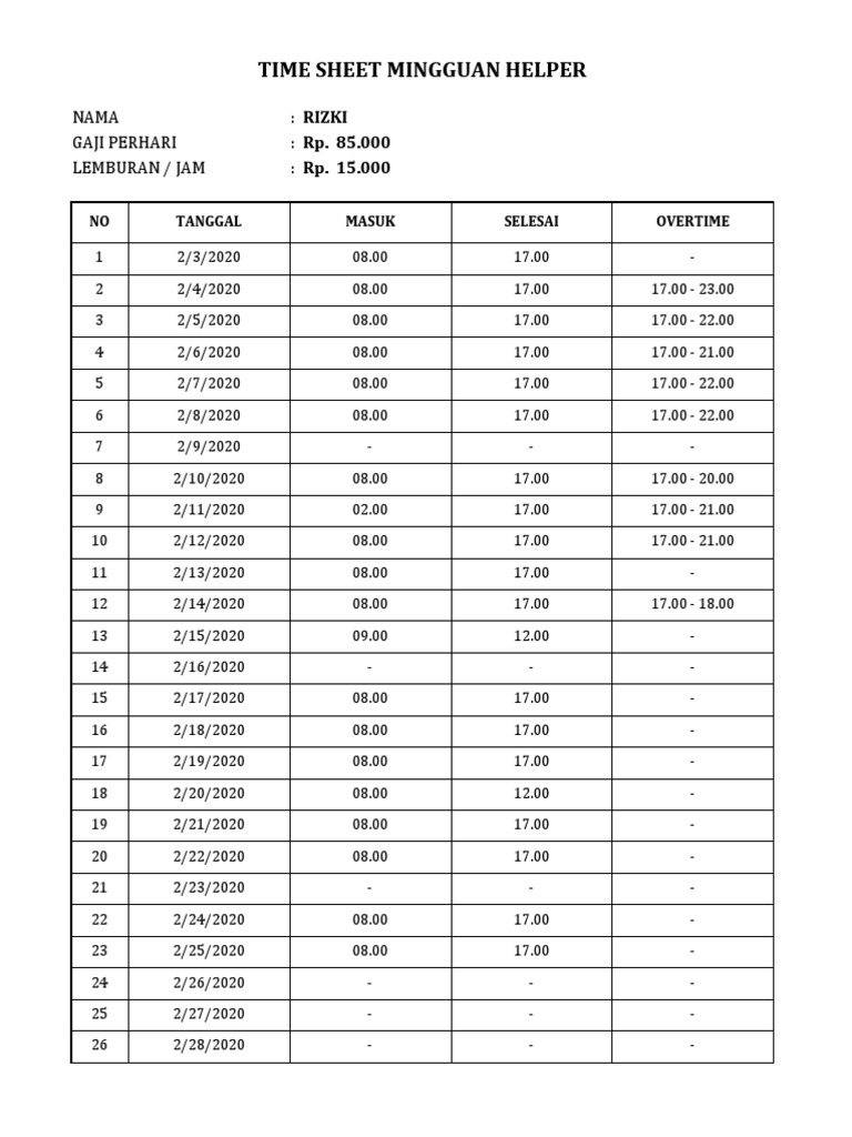 Weekly Time Sheet for Helpers | PDF | Home & Garden