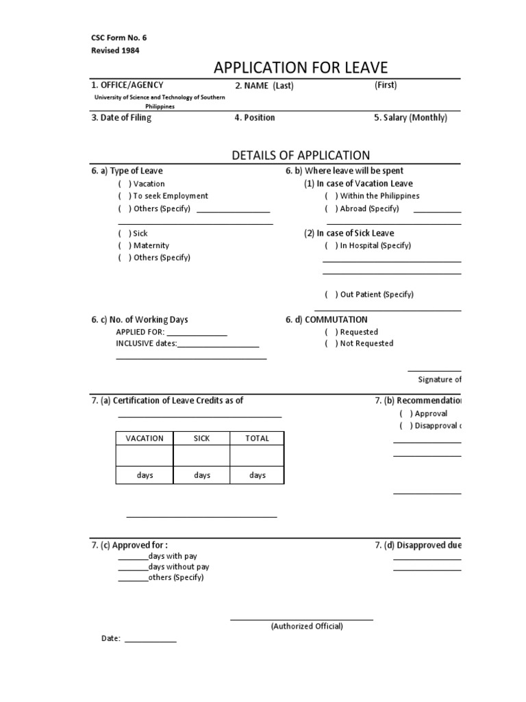 Leave Form Ustp Updated | PDF | Sick Leave | Government