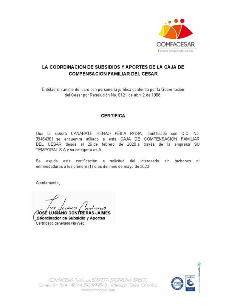 Certificado Comfacesar | PDF