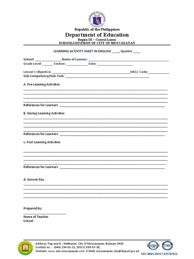 Activity Sheet Format For Learners | PDF | Pedagogy | Teaching