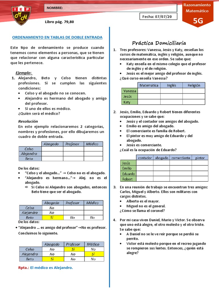 5to RM - Ordenamiento en Tablas de Doble Entrada | PDF | Science ...