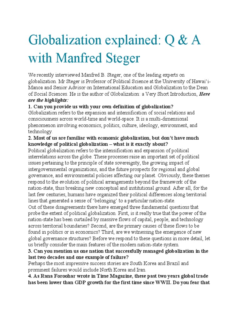 Globalization Explained: Q & A With Manfred Steger: Are The Highlights ...