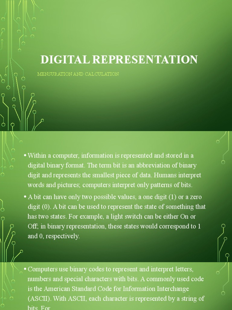 Digital Representation: Mensuration and Calculation | PDF | Bit | Ascii