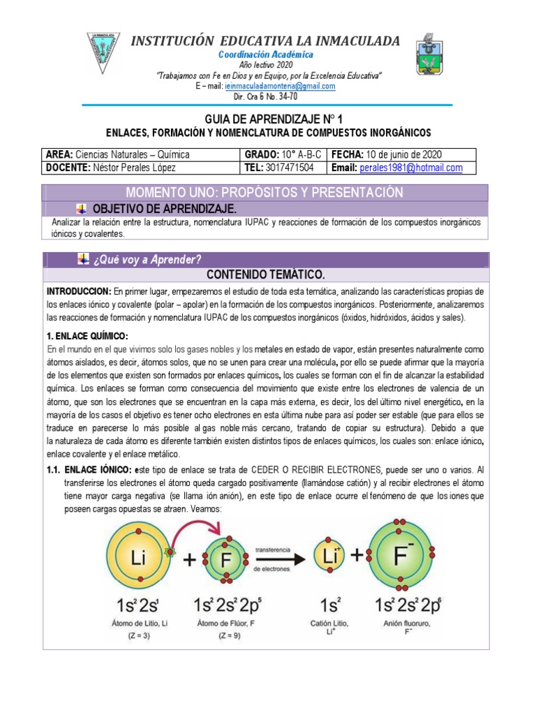 Guia de Aprendizaje Quimica Grado 10 | PDF | Enlace covalente | Enlace ...