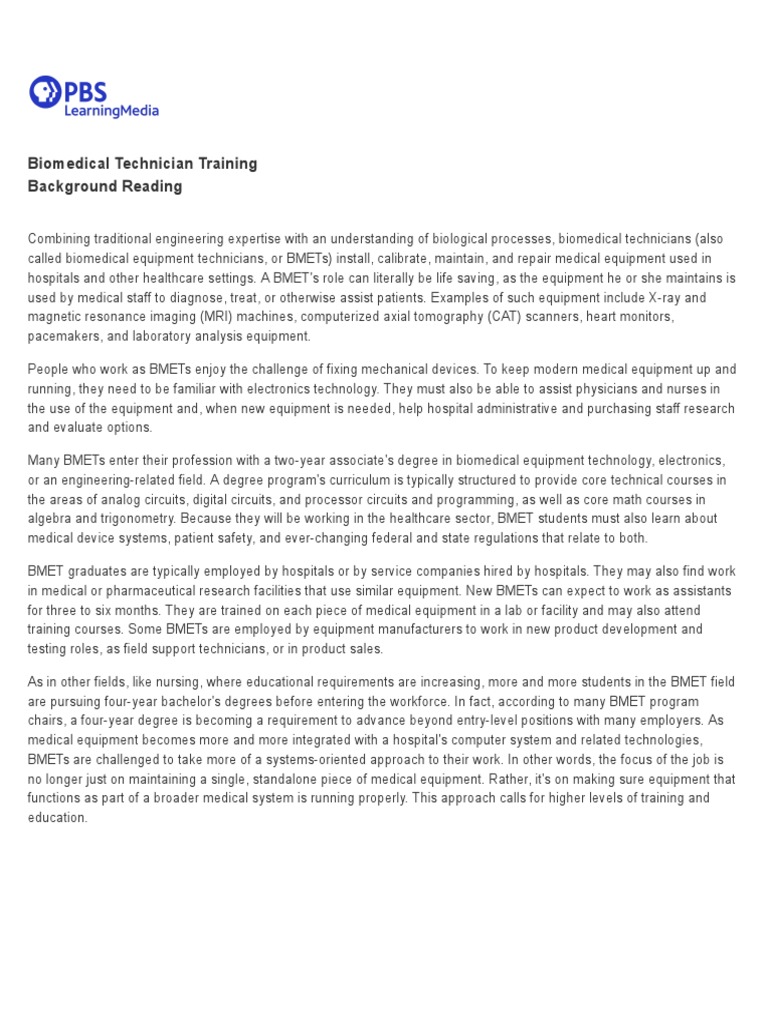 Biomedical Technician Training Background Reading | PDF | Medicine ...