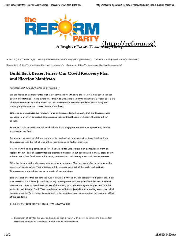 Reform Party Manifesto 2020 - Build Back Better, Fairer | Download Free PDF | Minimum Wage | Salary