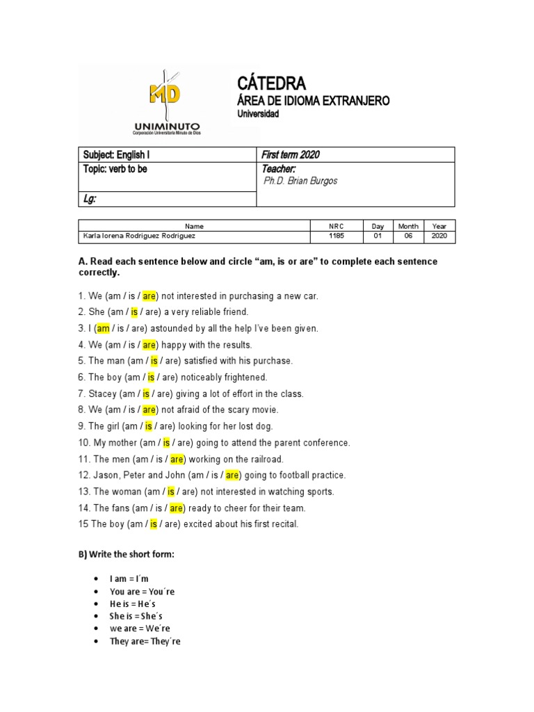 English I: Mastering Verb "To Be" | PDF