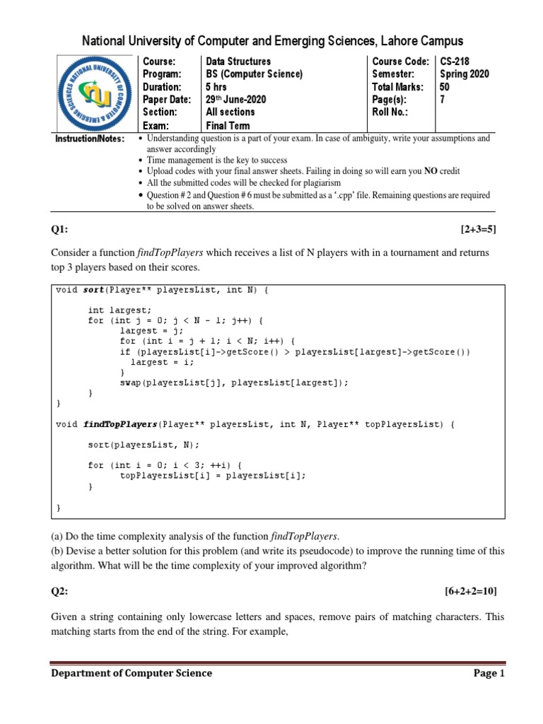 Cs218 Data Structures Final Exam Pdf Algorithms Mathematical Concepts