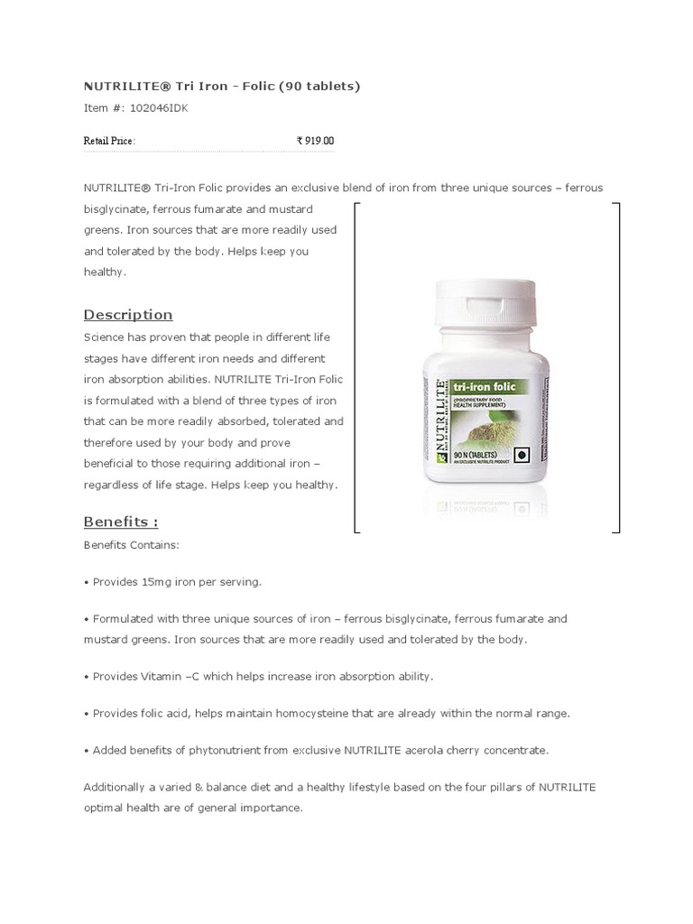 Description: NUTRILITE® Tri Iron - Folic (90 Tablets) | PDF