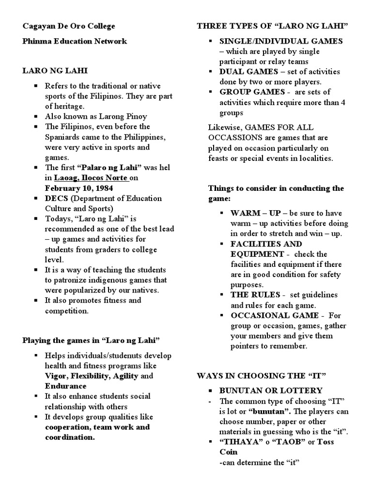 Laro ng Lahi: Traditional Filipino Games | PDF | Body Mass Index ...