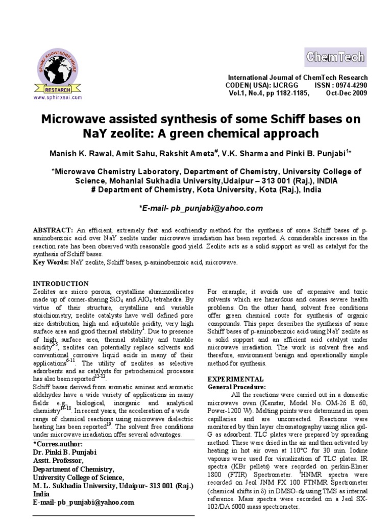 Microwave Assisted Synthesis of Some Schiff Bases On Nay Zeolite: A Green Chemical Approach ...
