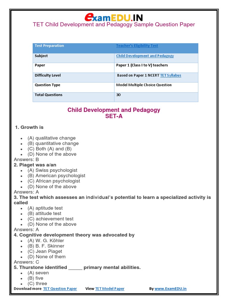 TET Child Development and Pedagogy Sample Question Paper | PDF ...