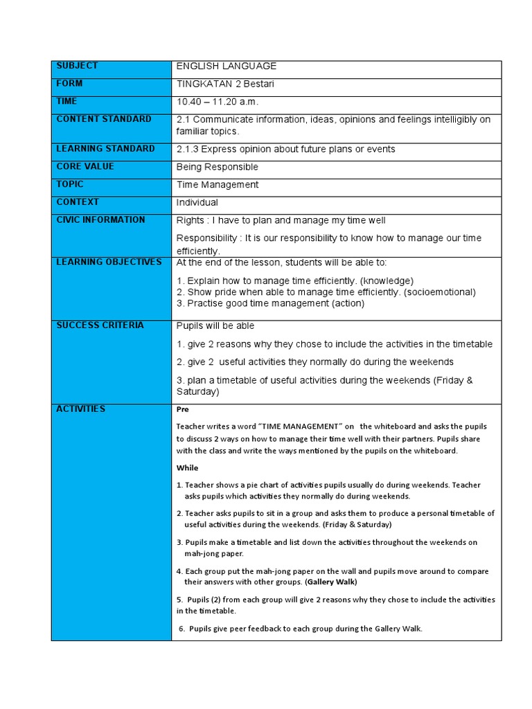 Time Management Lesson Plan for Students | PDF | Teachers | Human ...
