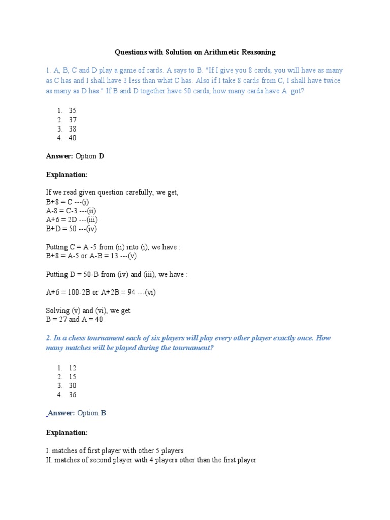 50 Questions With Solutions in Arithmetic Reasoning | PDF | Teaching ...