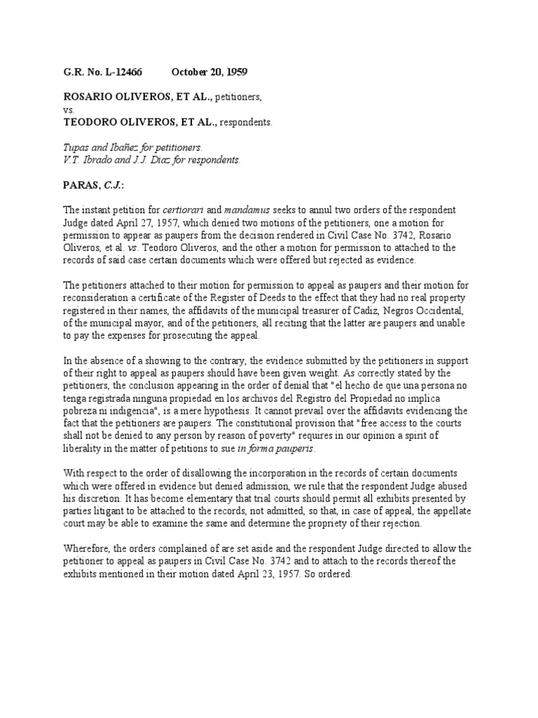 G.R. No. L-12466 October 20, 1959 ROSARIO OLIVEROS, ET AL., Petitioners ...