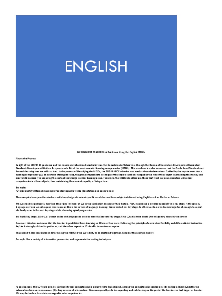 Most Essential Learning Competencies in English | PDF | Curriculum | Verb