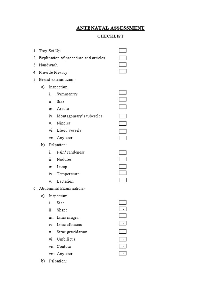Antenatal Assessment Checklist Guide | PDF