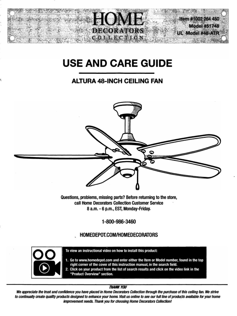Use and Care Guide: Altura 48-Inch Ceiling Fan | PDF | Electrical ...