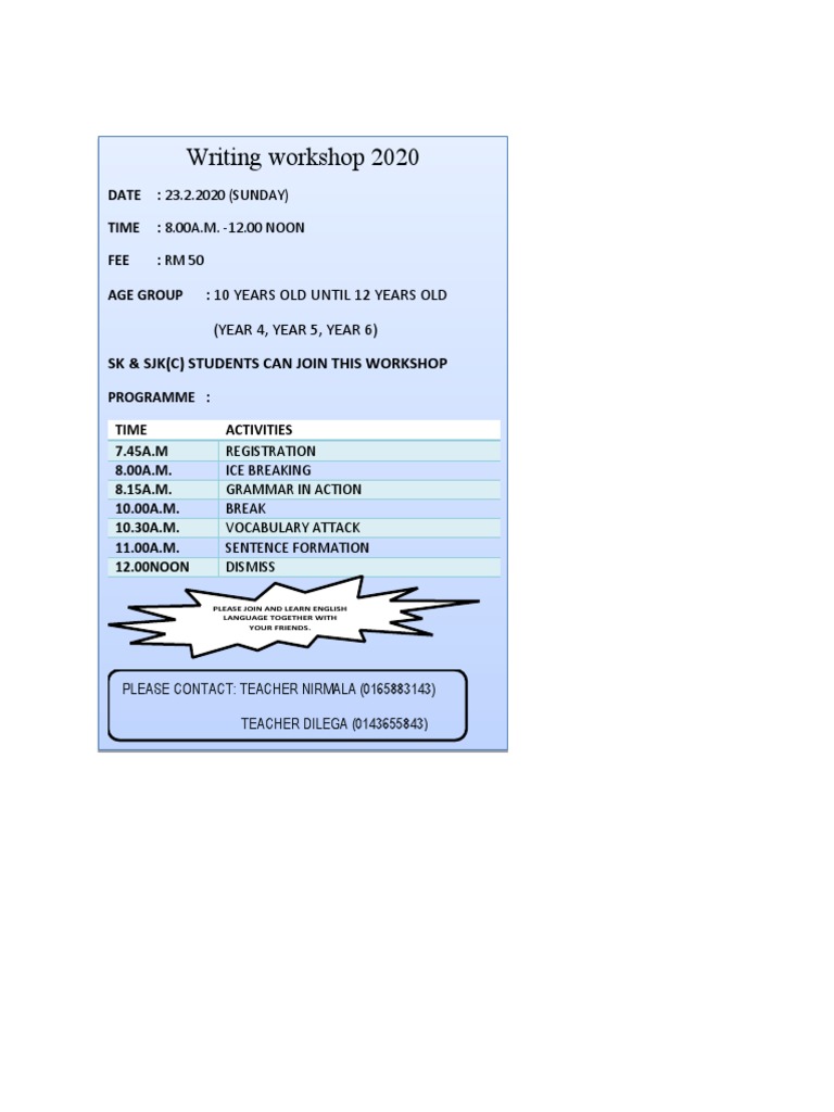 Writing Workshop 2020: 10 Years Old Until 12 Years Old (Year 4, Year 5 ...