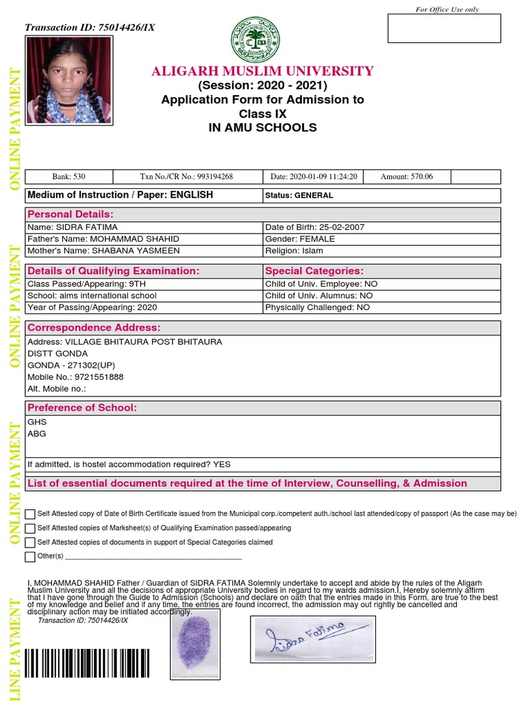 Aligarh Muslim University: (Session: 2020 - 2021) Application Form For ...