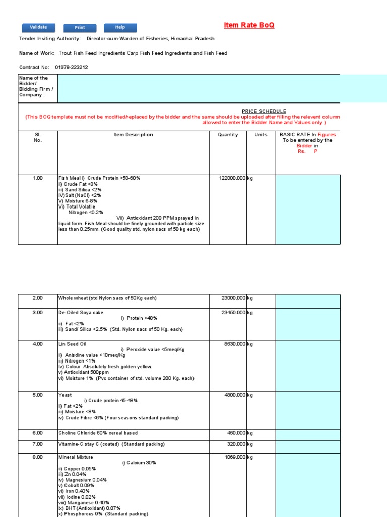 Item Rate Boq: Validate Print Help | PDF | Cereals | Food And Drink