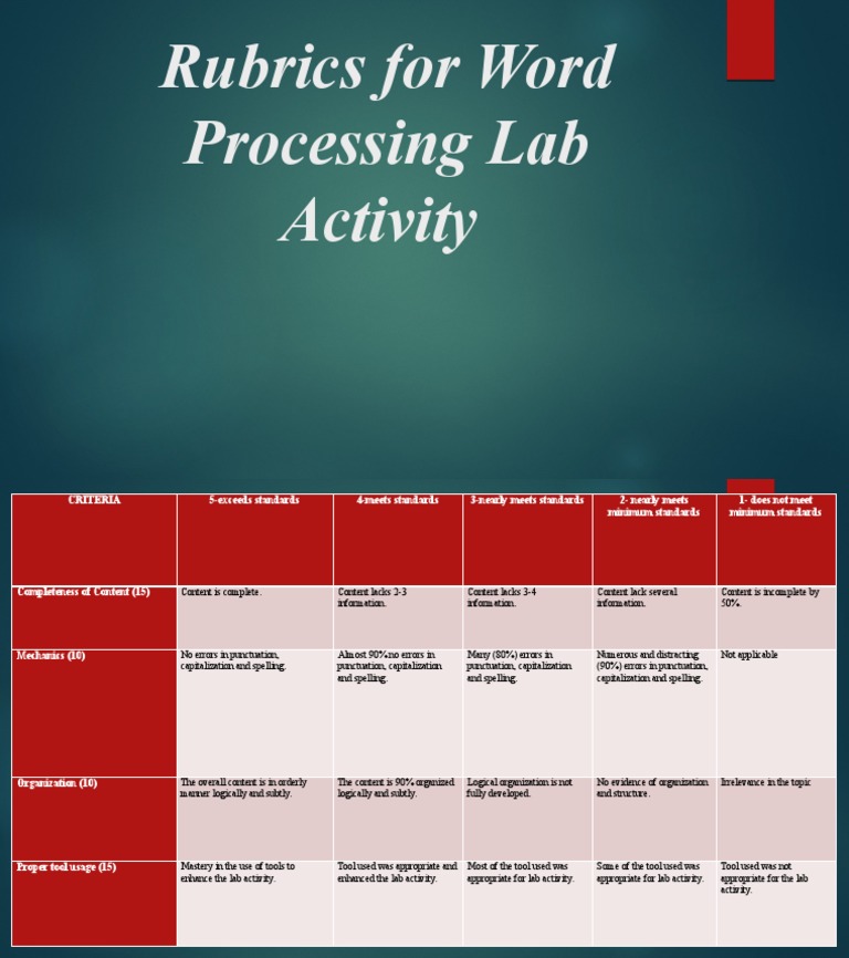 Rubrics For Word Processing Lab Activity | PDF