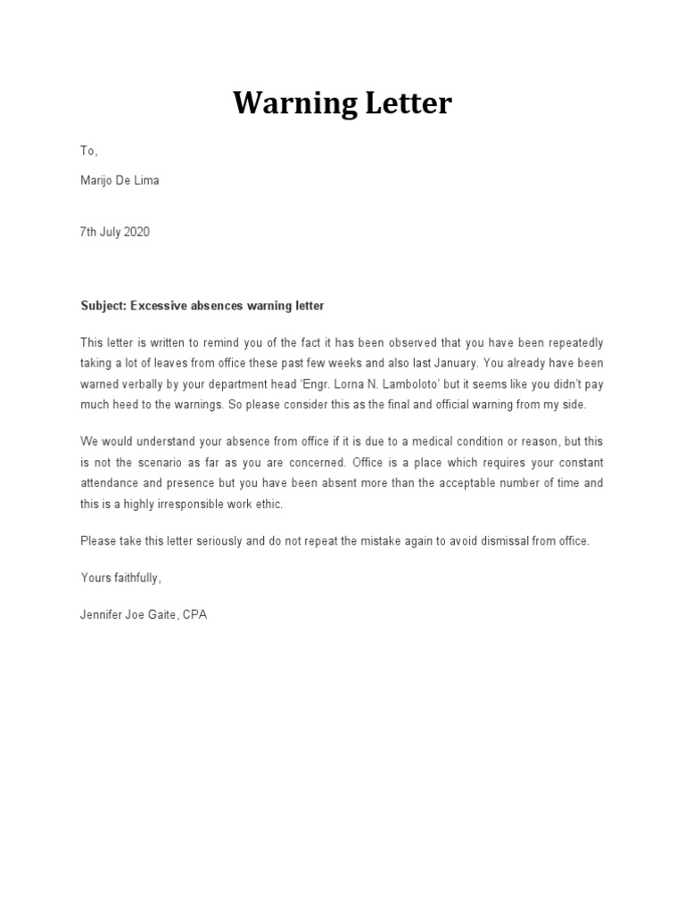 Excessive Leaves Warning Letter | PDF