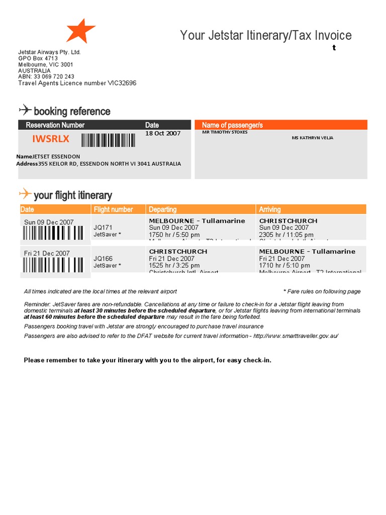 Your Jetstar Itinerary/Tax Invoice: Booking Reference | PDF | Identity ...