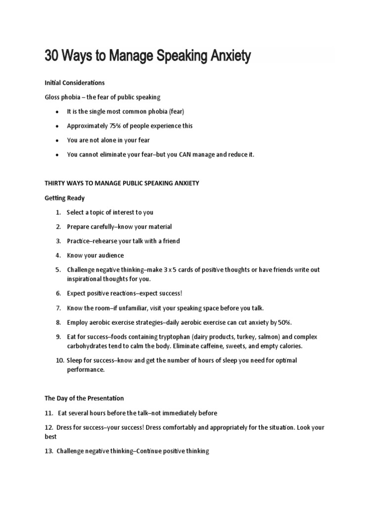 30 Ways To Manage Speaking Anxiety | PDF | Anxiety | Behavioural Sciences
