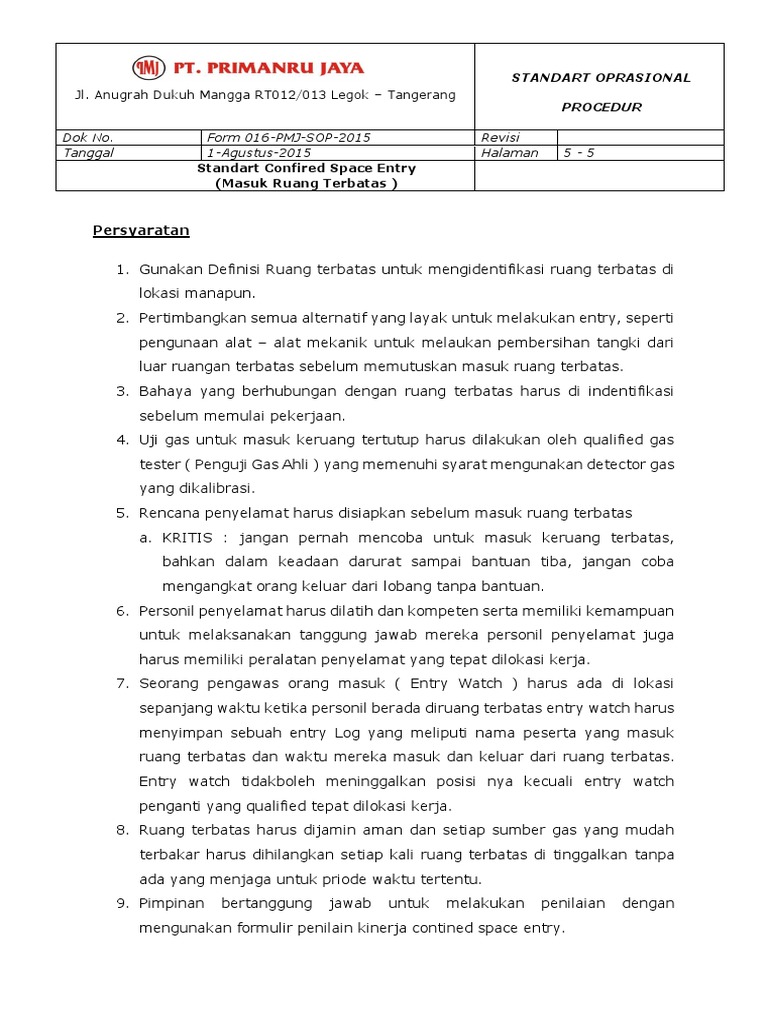 SOP (Standart Confired Space Entry (Mauk Ruang Terbatas) | PDF