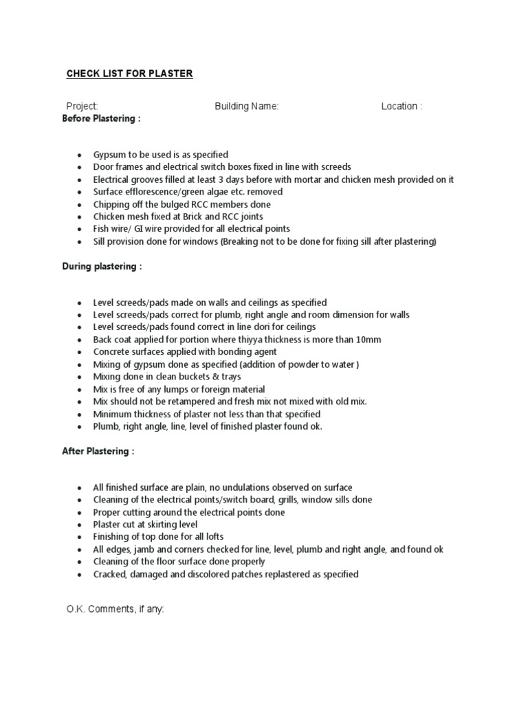 CHECK LIST FOR Gypsum Plaster | PDF | Technology & Engineering | Home ...