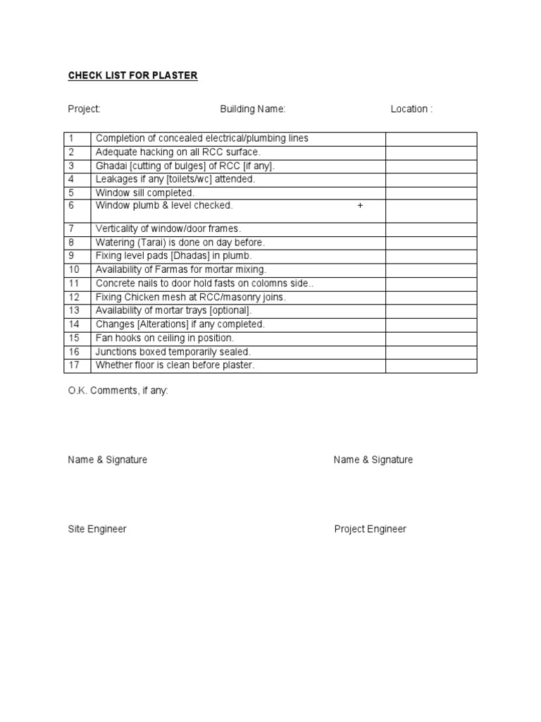 CHECK LIST FOR Plaster | PDF