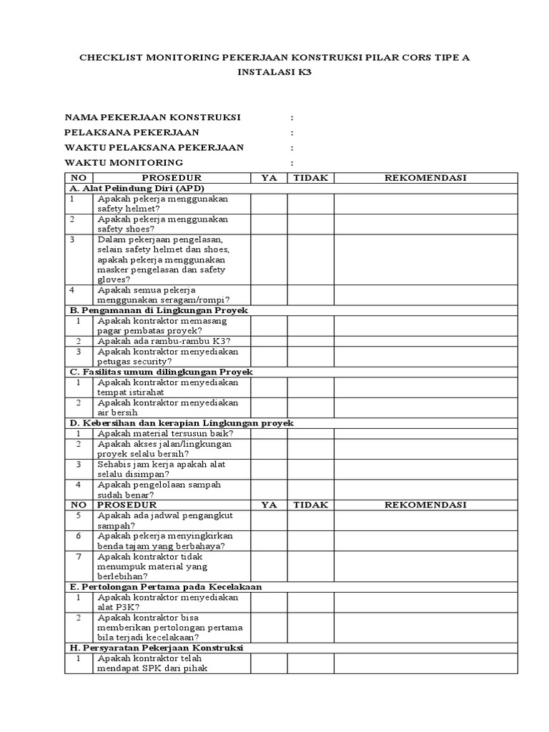 Checklist K3 Proyek Konstruksi | PDF | Teknologi & Rekayasa