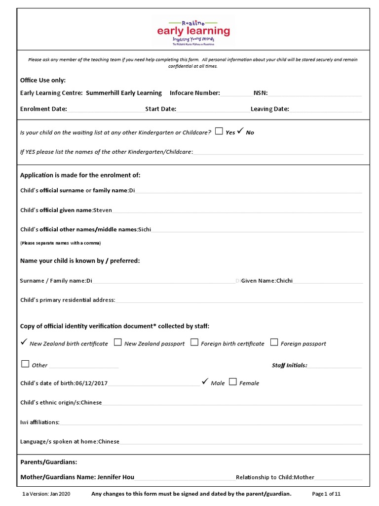 Early Learning Centre Enrolment Form | PDF | Preschool | Educational ...
