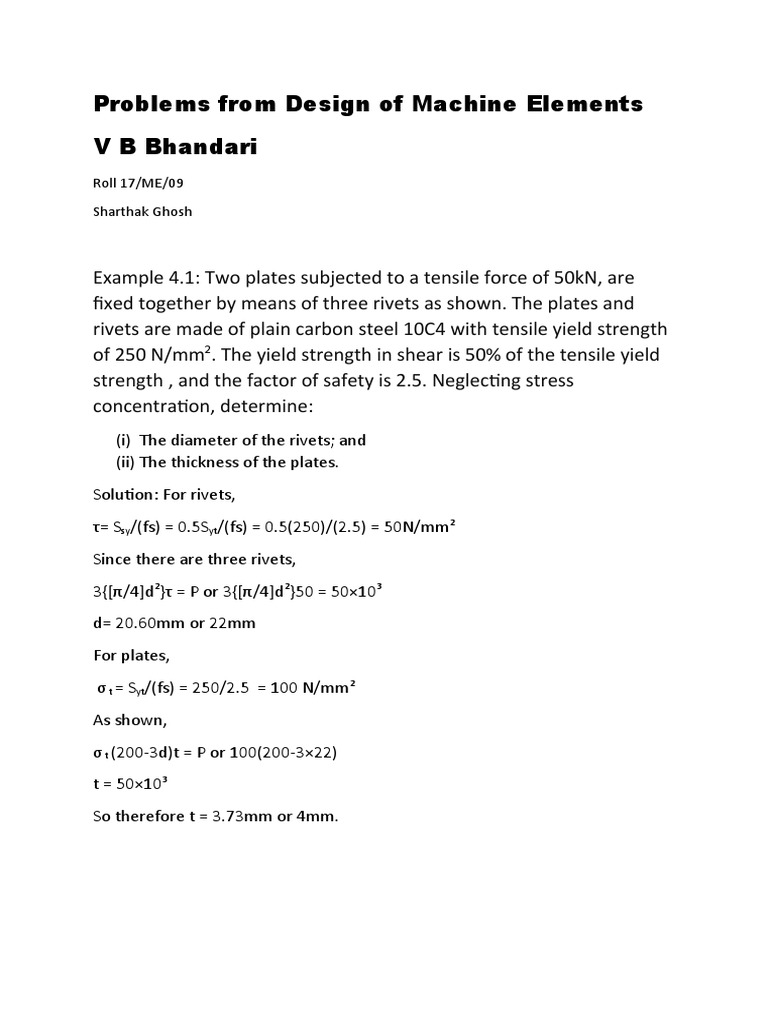 Problems From Design of Machine Elements V B Bhandari: Roll 17/ME/09 ...