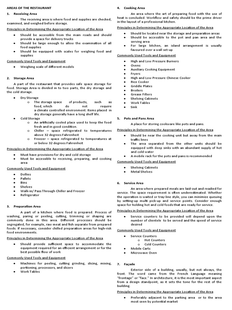 Areas of The Restaurant 1. Receiving Area 4. Cooking Area | PDF ...