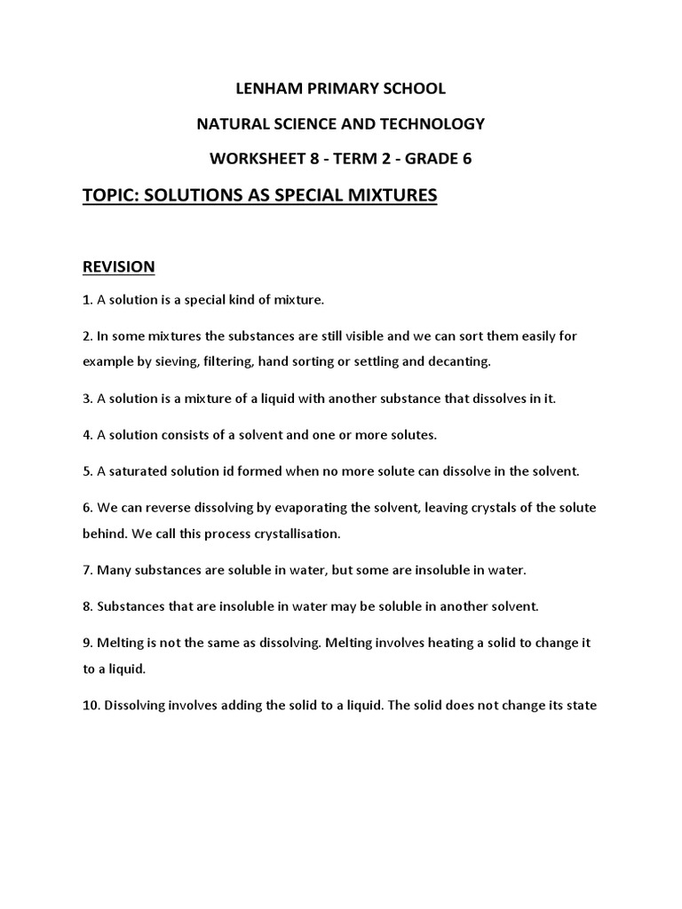 Topic: Solutions As Special Mixtures: Lenham Primary School Natural ...