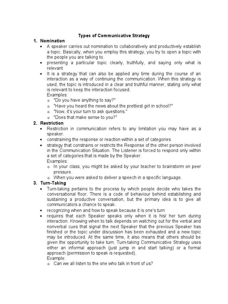 Types of Communicative Strategy 1. Nomination | PDF | Action ...